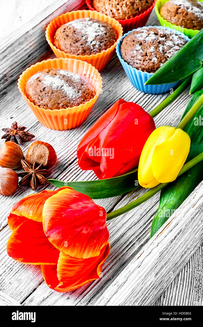 cupcake dessert and freshly cut tulips for Valentine's day Stock Photo ...
