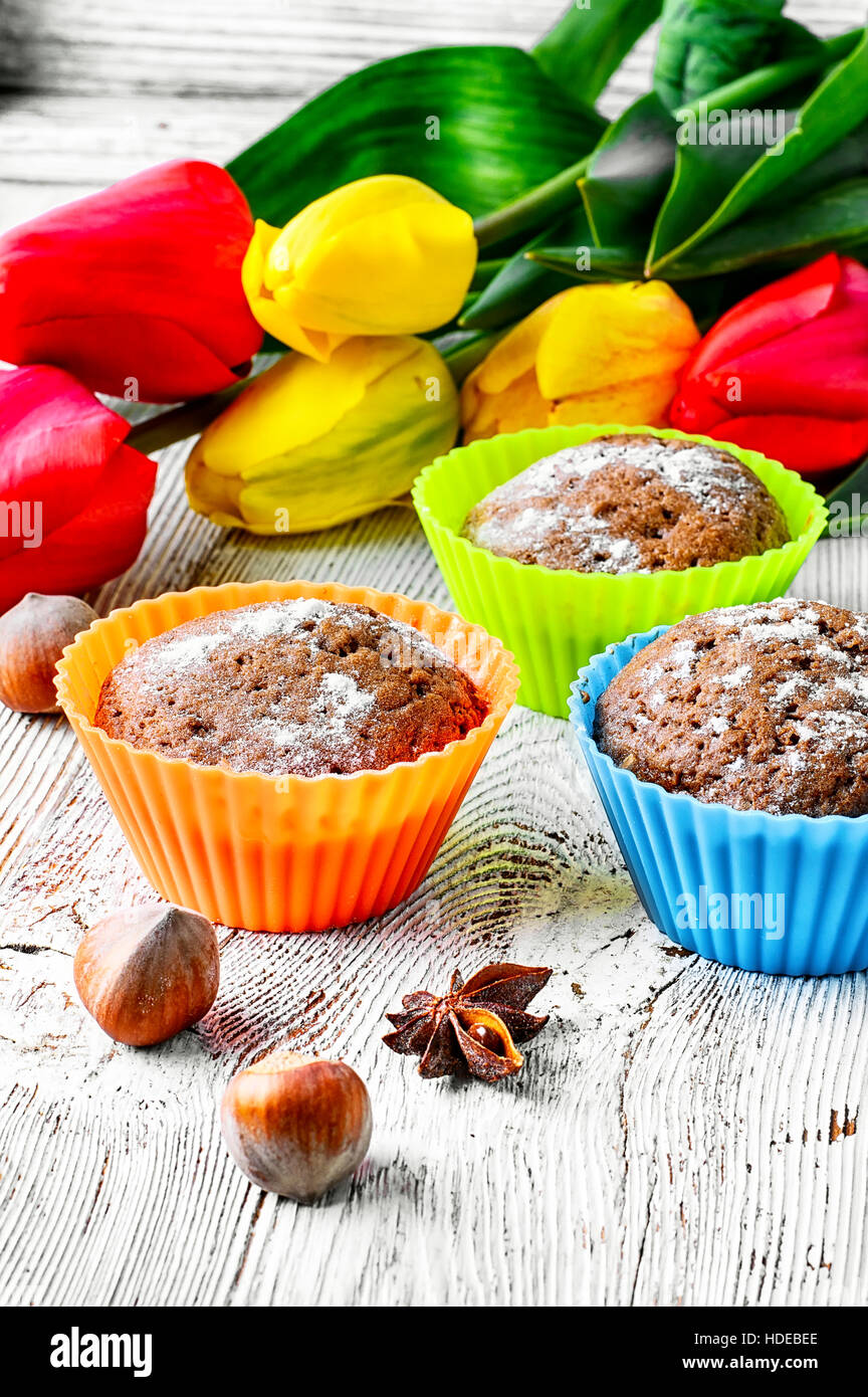 cupcake dessert and freshly cut tulips for Valentine's day Stock Photo ...