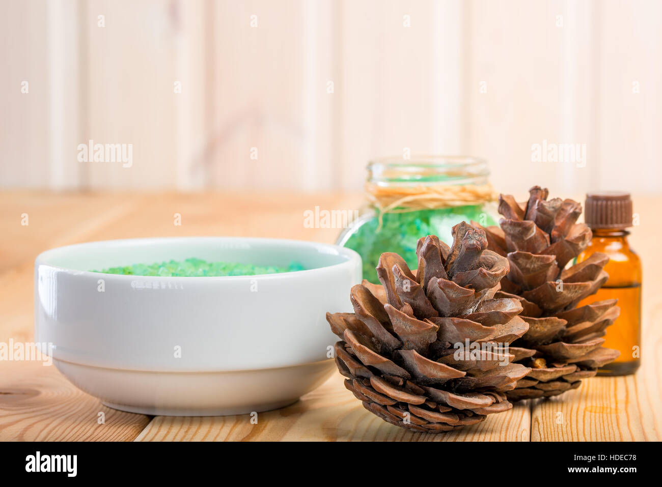 pine cones and sea salt for bathing with pine extract still life Stock ...