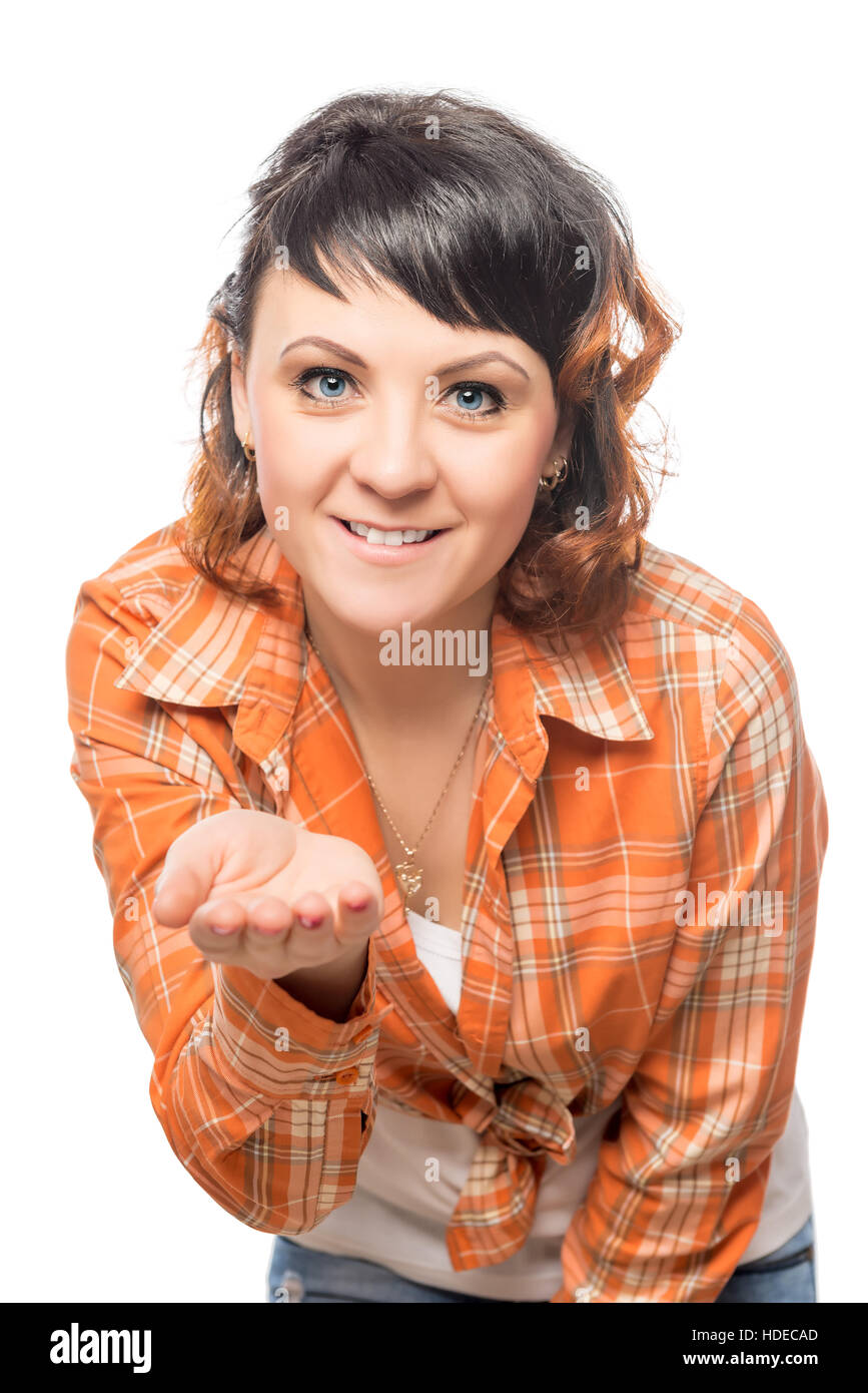 beautiful girl holding a hand in front portrait on a white background ...