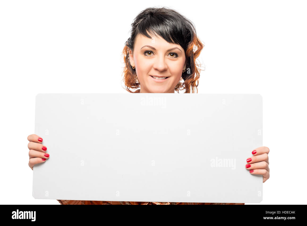 beautiful girl holding empty blank on a white background Stock Photo ...