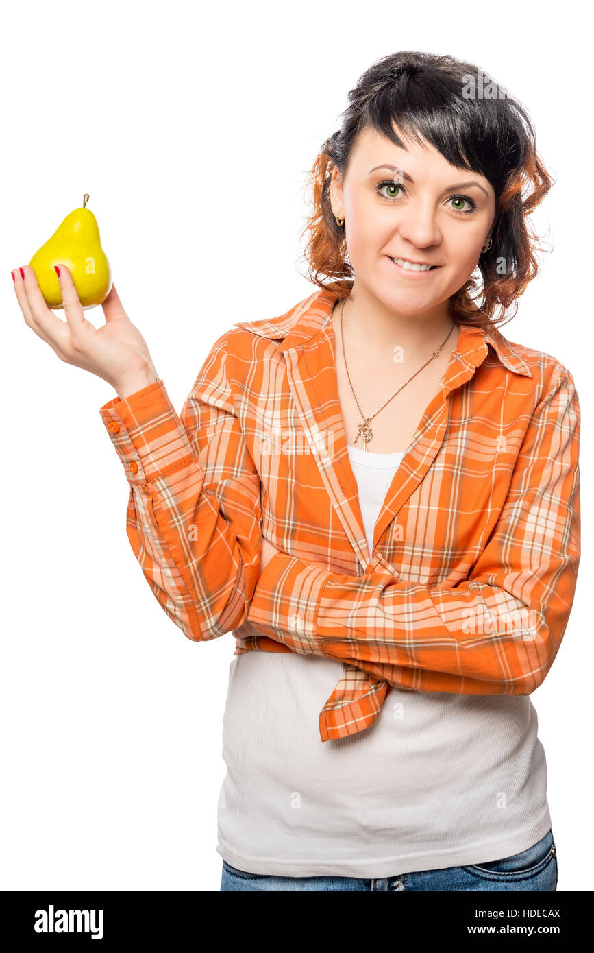 portrait of a brunette girl with a pear on a white background Stock ...