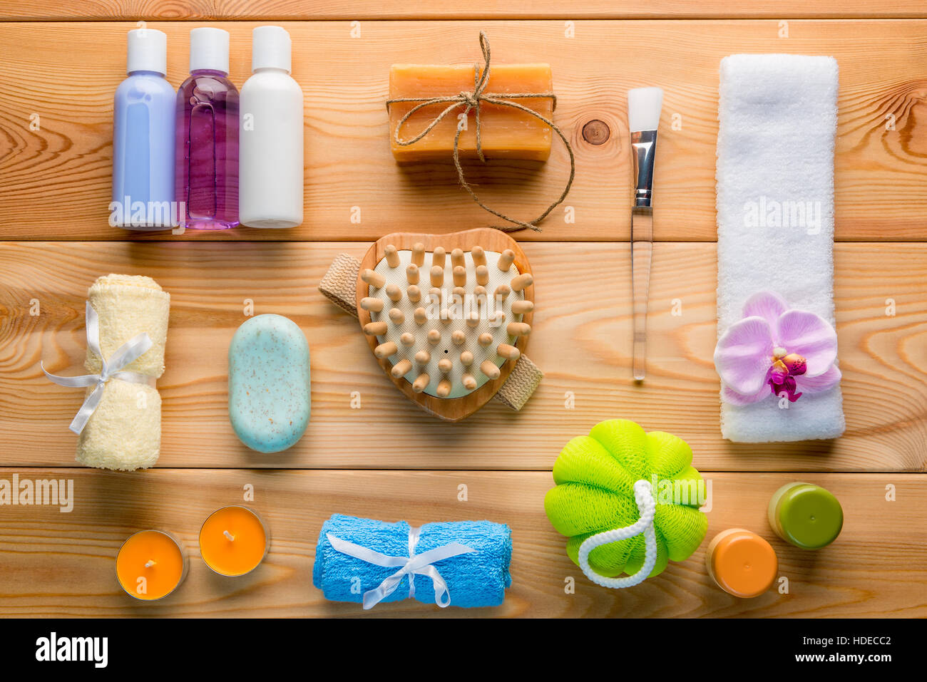 set of spa objects decomposed on wooden boards view from above Stock ...
