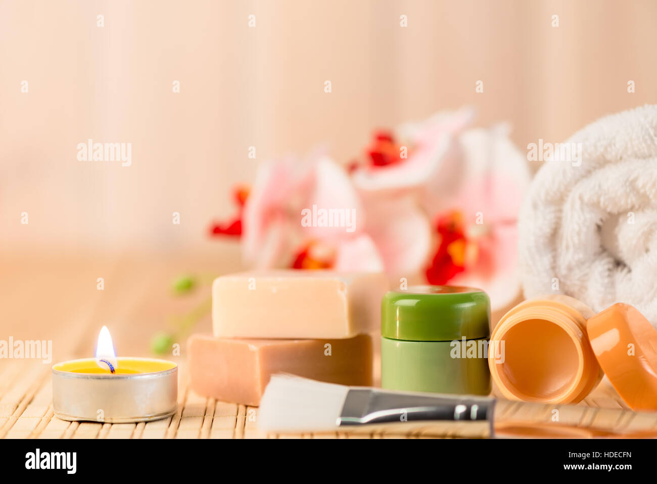Spa objects close up on a bamboo napkin Stock Photo - Alamy