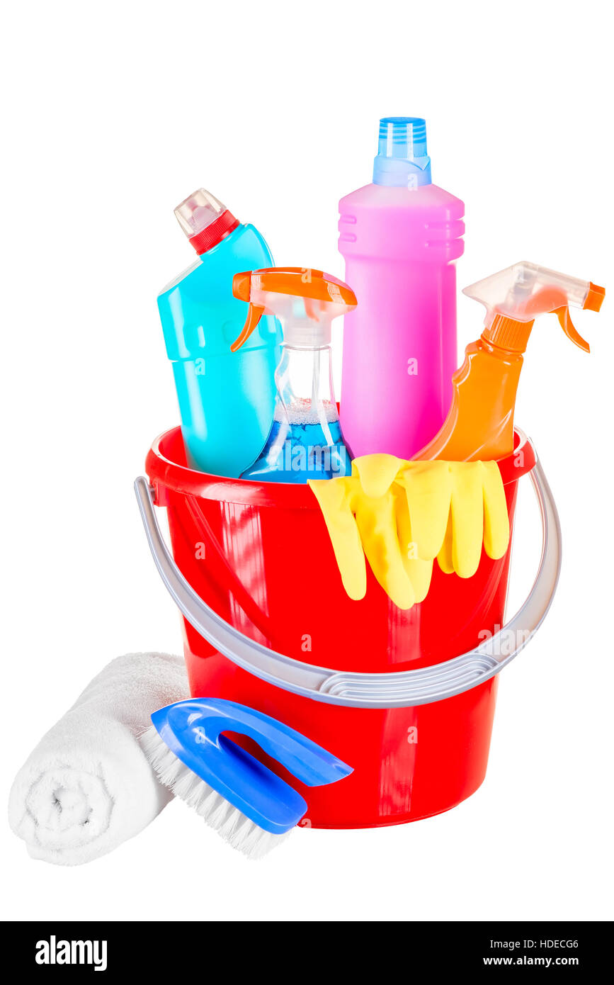 bucket stuffed with objects for cleaning house close-up isolated Stock ...