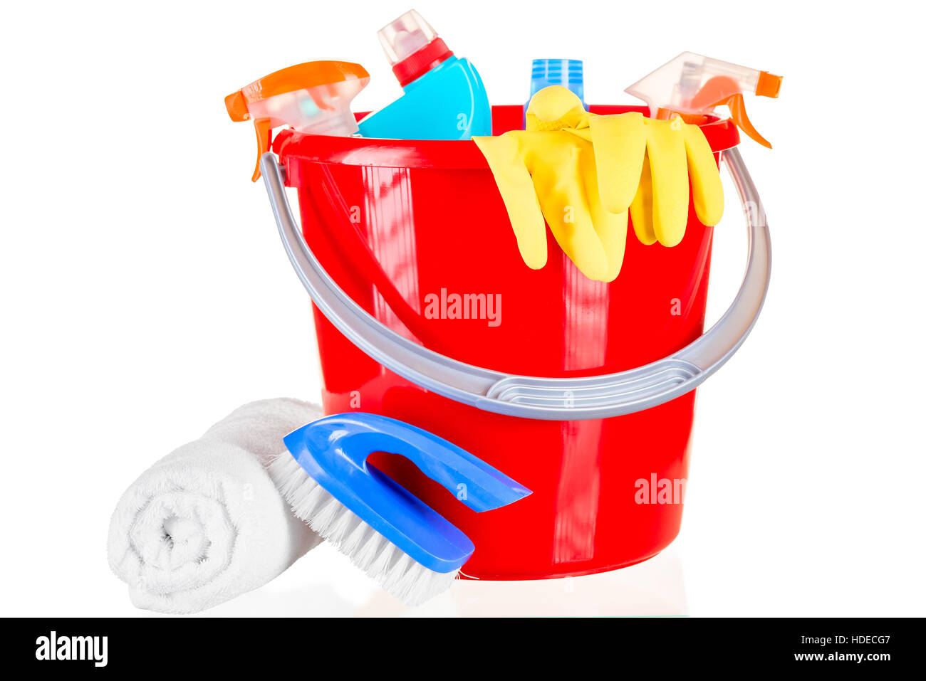 red bucket chemical cleaning agents isolated on a white background ...