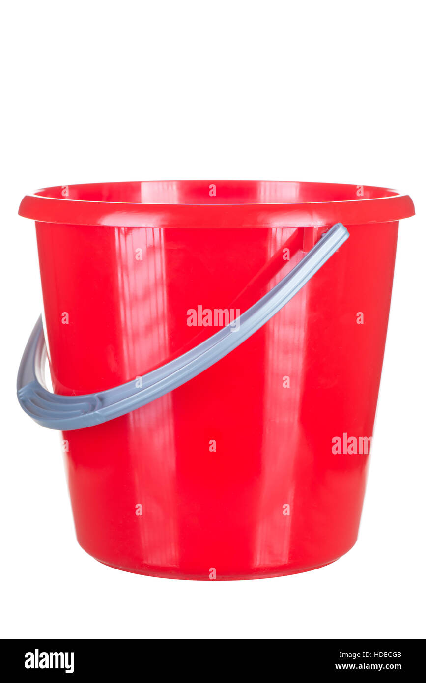 Empty red bucket isolated on a white background closeup Stock Photo - Alamy