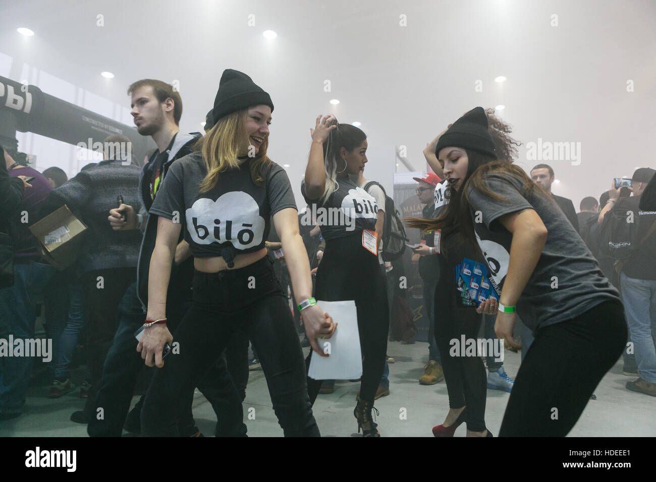 MOSCOW - 9 DECEMBER,2016: International Vape Expo.People at big vaping ...