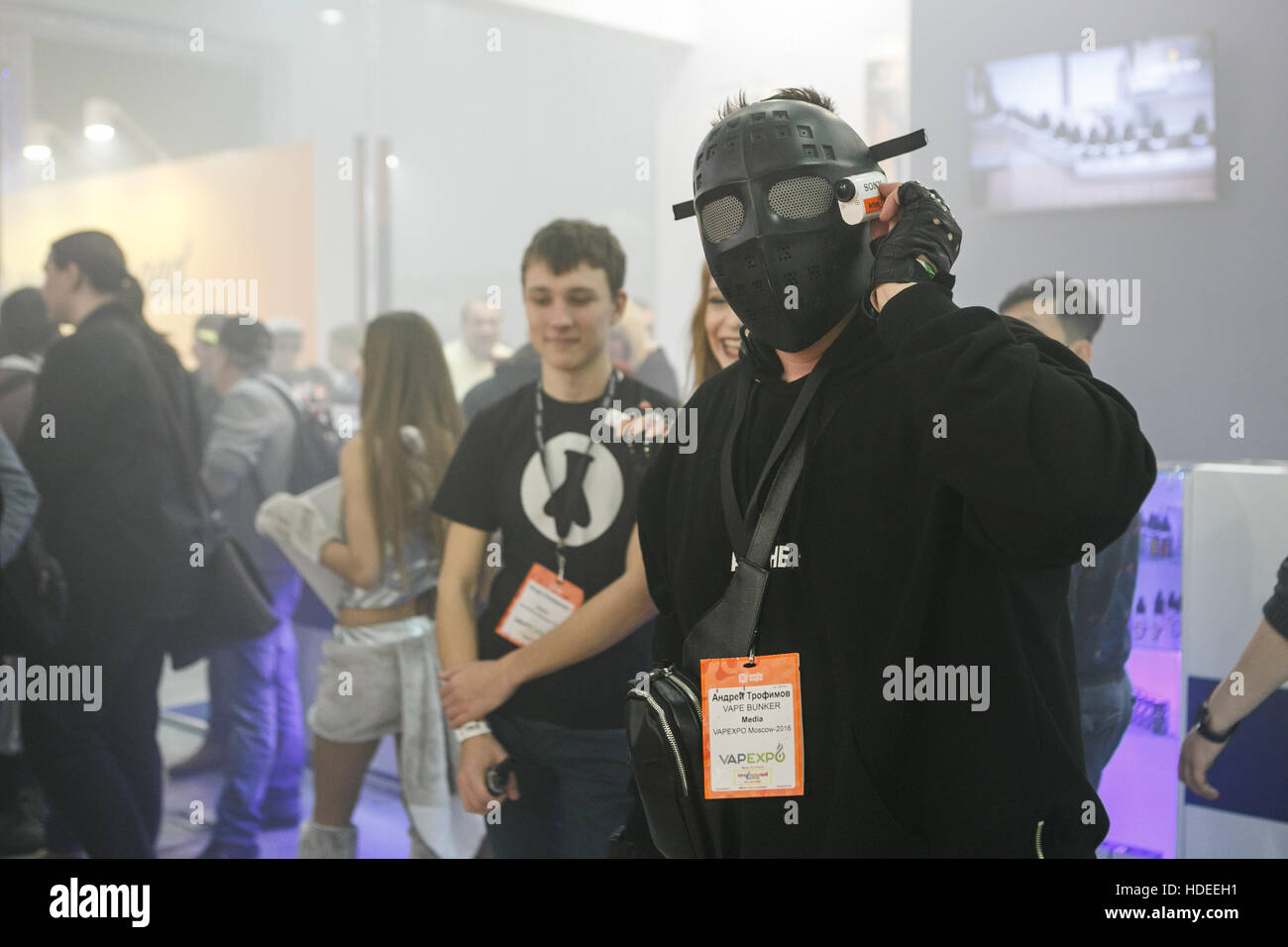 MOSCOW - 9 DECEMBER,2016: International Vape Expo.People at big vaping ...