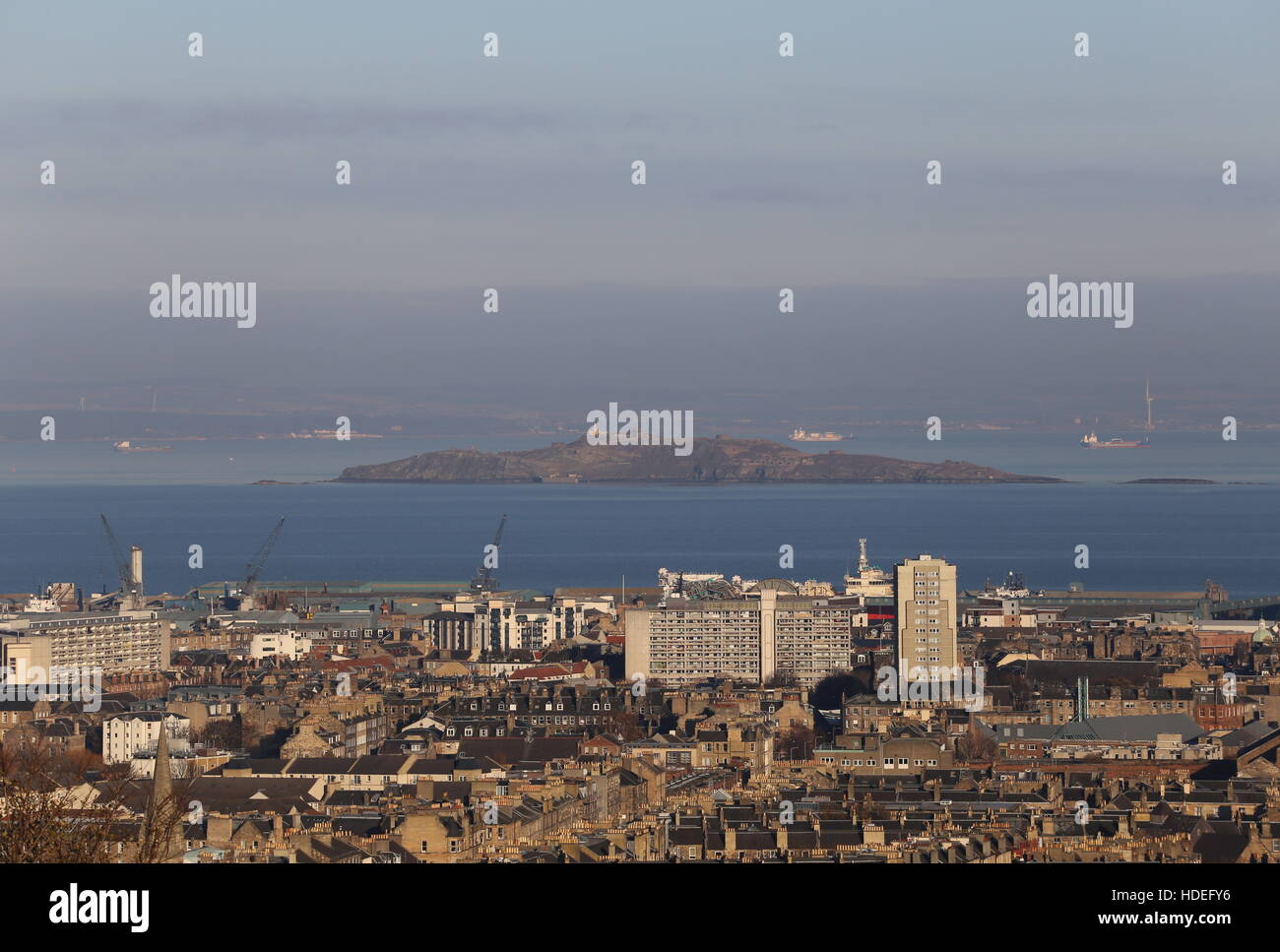Elevated view of Leith and island of Inchkeith Scotland December 2016 ...
