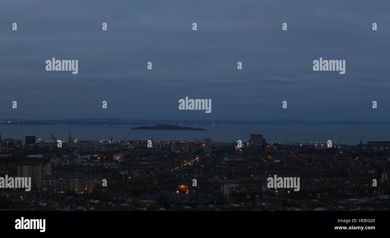 Elevated view of Leith and island of Inchkeith at dusk Scotland ...