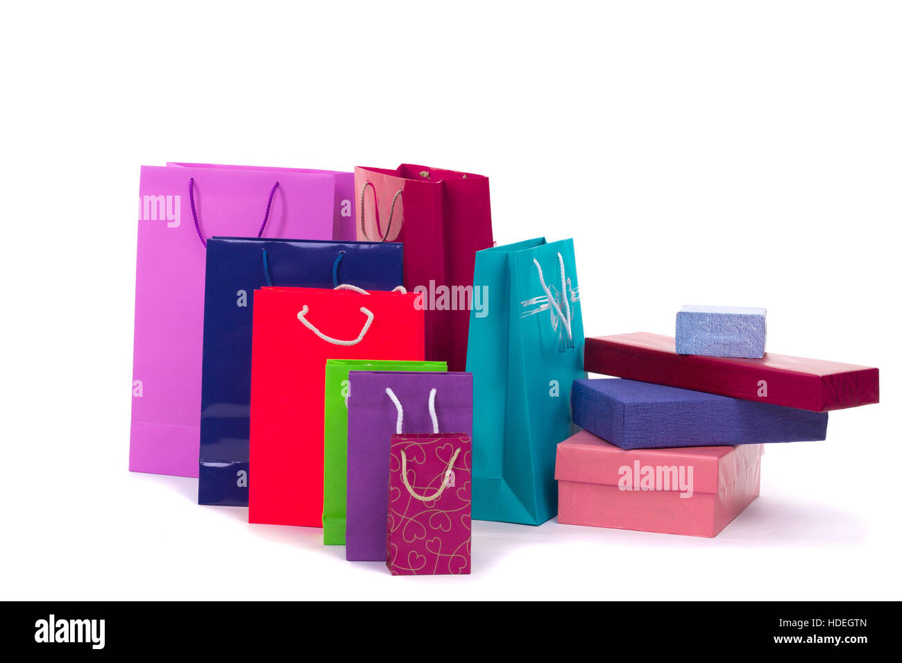 Colourful and bright shopping packages and boxes for gifts and presents ...