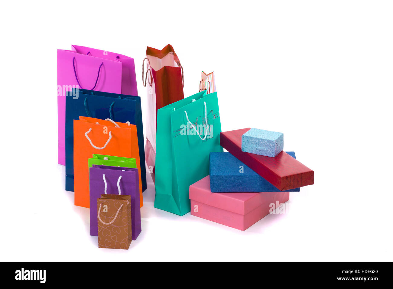 Colourful and bright shopping packages and boxes for gifts and presents ...
