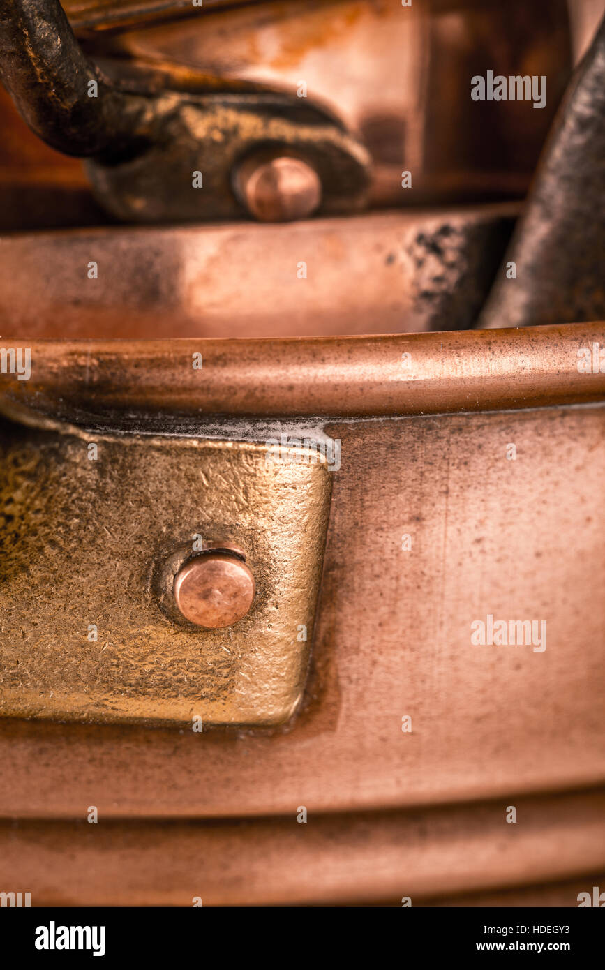 Copper pots and pans background vertical Stock Photo - Alamy
