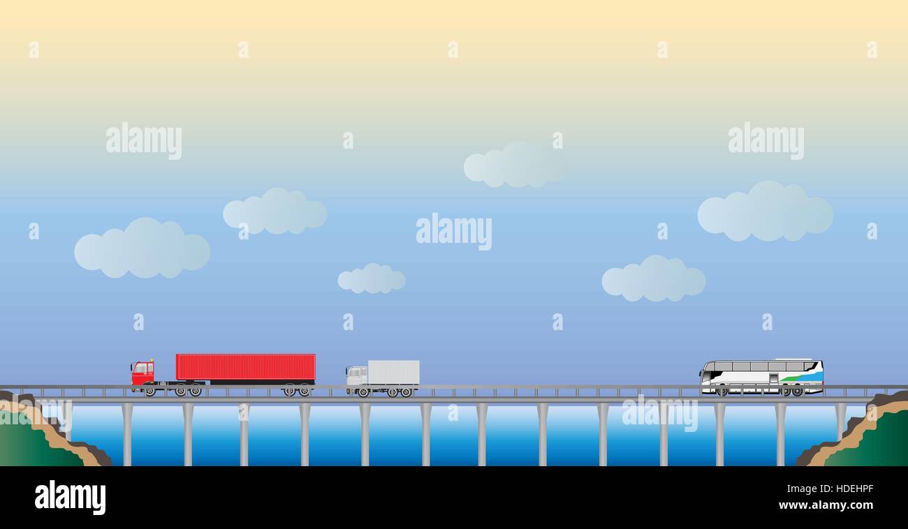 Truck and Bus on Bridge with Nature Landscape Background vector ...