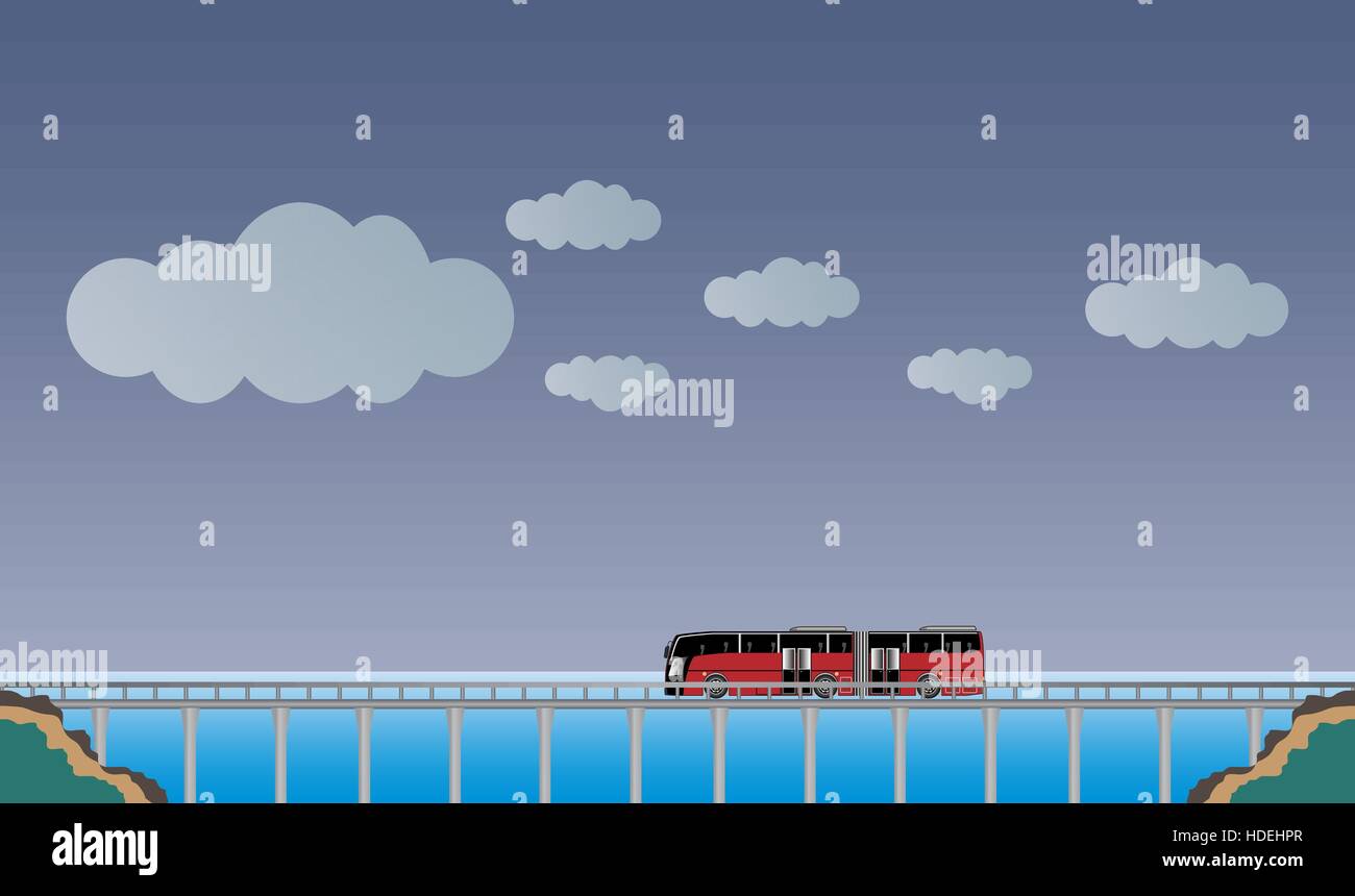 Bus on Bridge with Nature Landscape Background vector Illustration ...