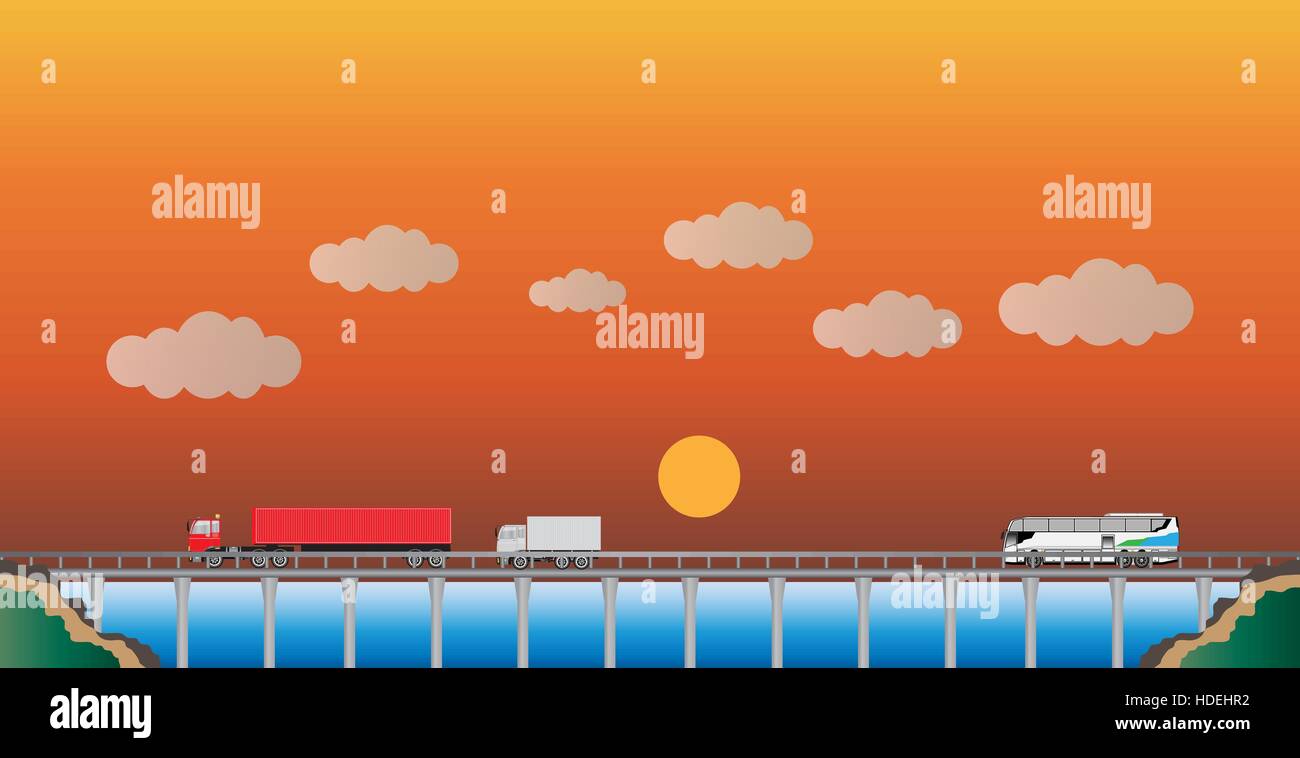 Truck and Bus on Bridge with Nature Landscape Background vector ...