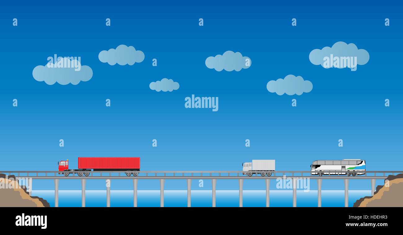 Truck and Bus on Bridge with Nature Landscape Background vector ...