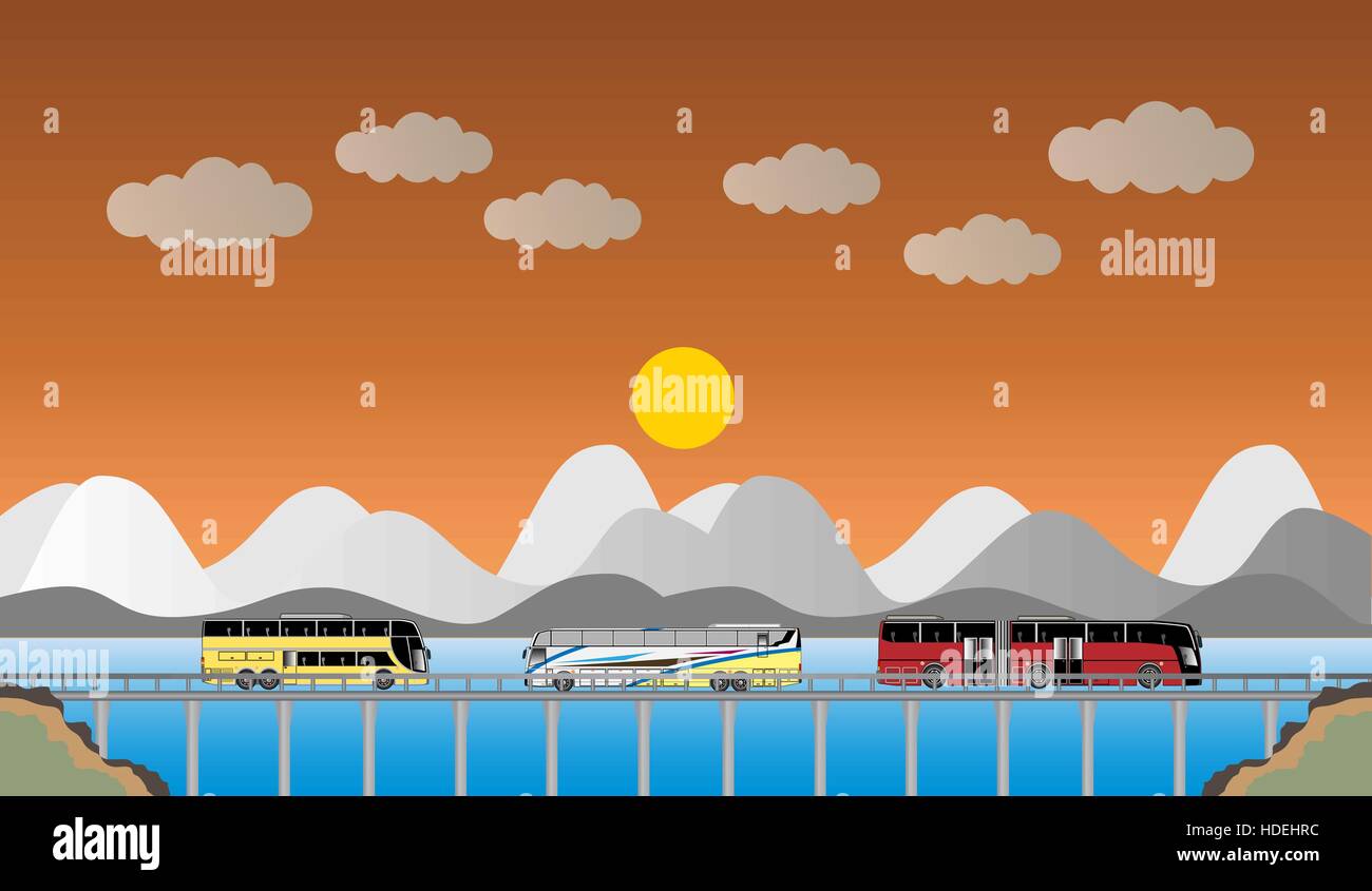 Truck and Bus on Bridge with Nature Landscape Background vector ...