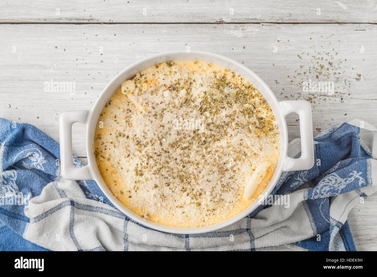 Raw moussaka in the ceramic pan top view Stock Photo - Alamy