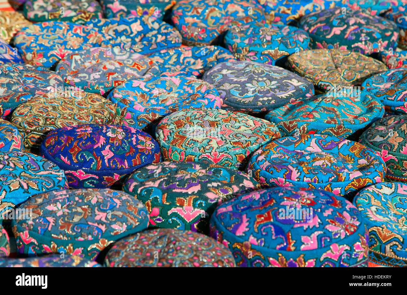 The traditional Uzbek cap, named tubeteika, or kalpoq, decorated with ...