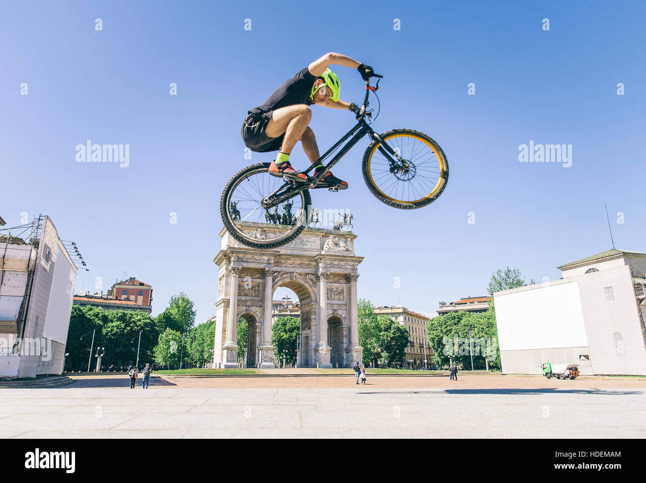 Acrobatic biker jumping with his bicycle on the streets - Bmx bicycle ...