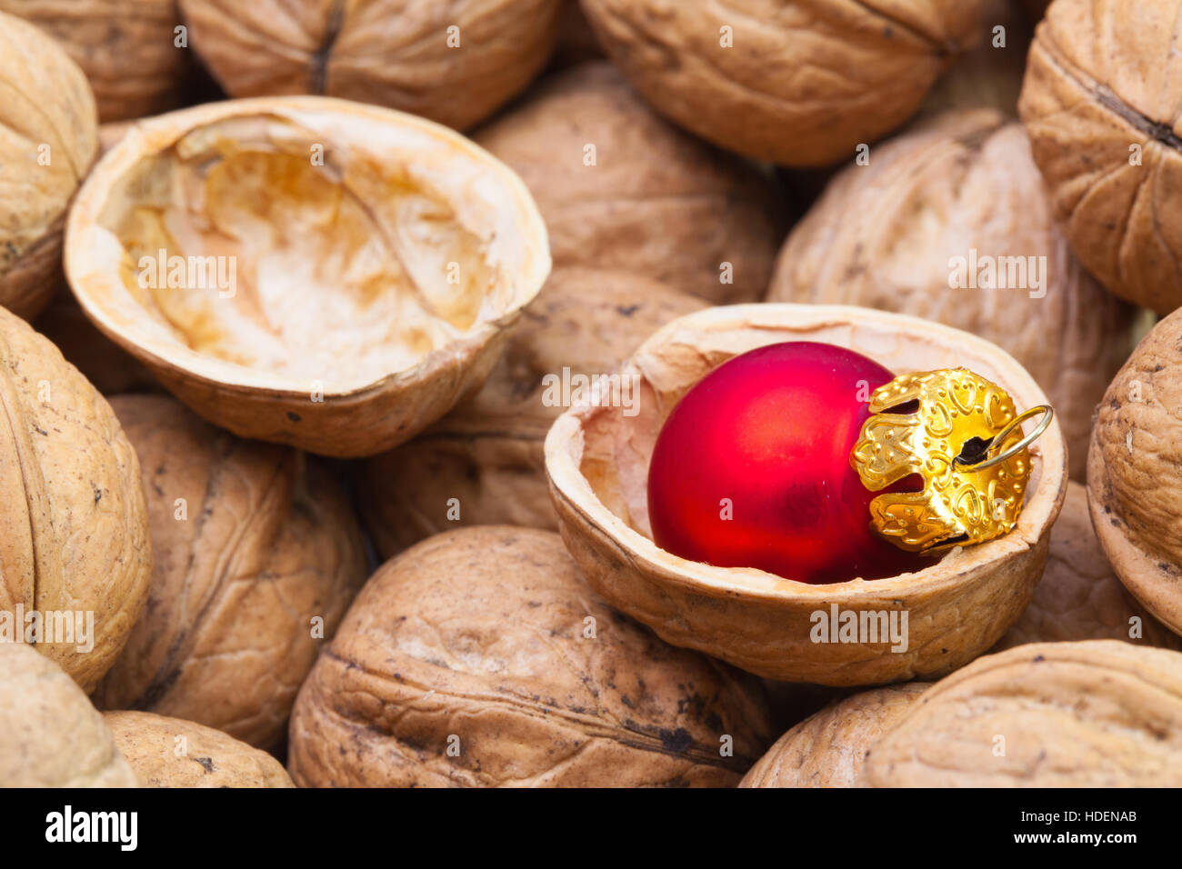 Christmas decorations in the shell of walnuts. Funny Christmas concept ...