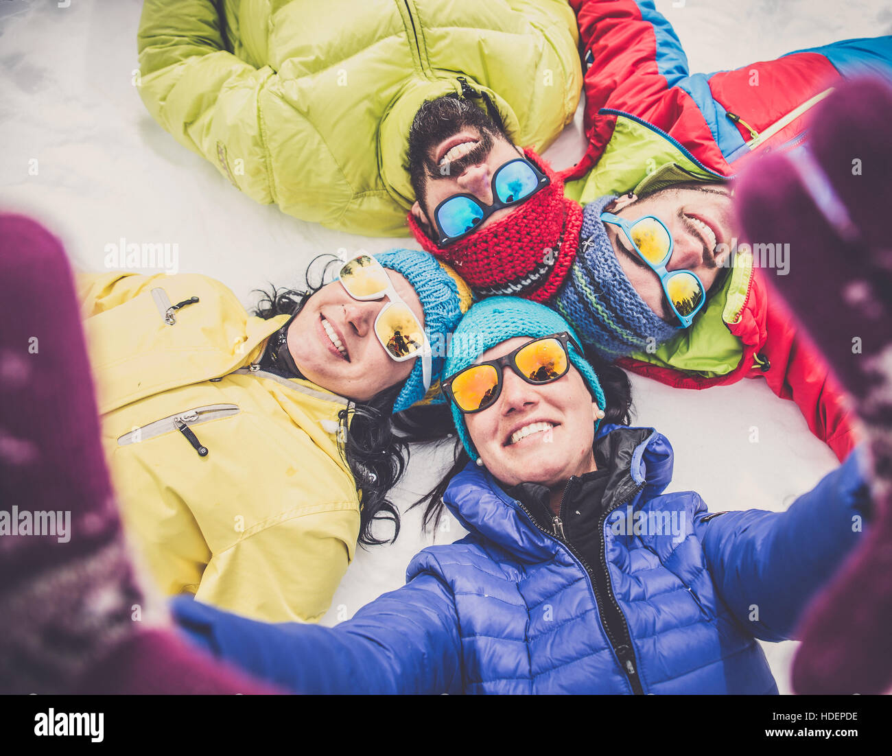 Group of friends with ski on winter holidays - Skiers having fun on the ...