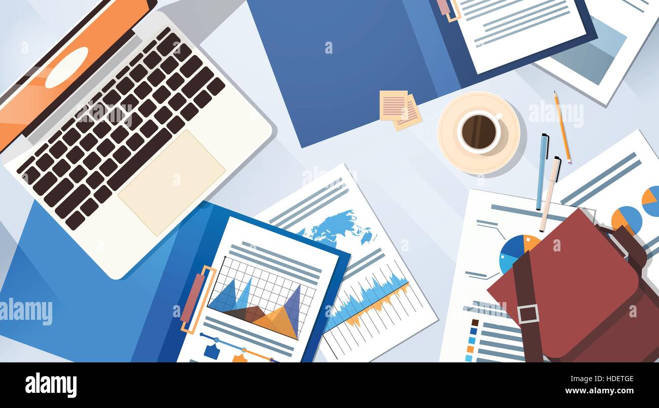 Workplace Desk Documents Papers Folder Office Stuff Top Angle View Flat ...