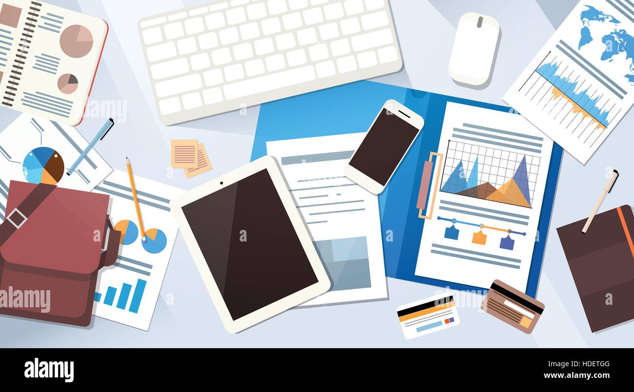 Workplace Desk Documents Papers Folder Office Stuff Top Angle View Flat ...