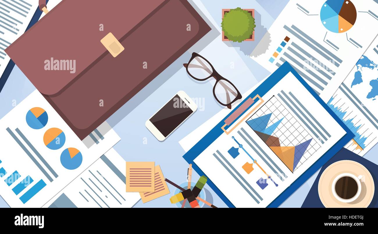 Workplace Desk Documents Papers Folder Office Stuff Top Angle View Flat ...
