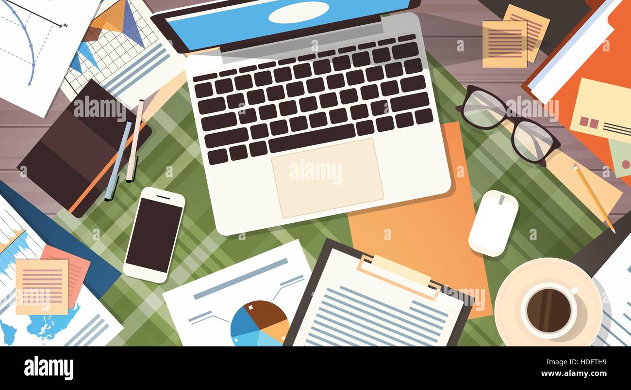 Workplace Desk Documents Papers Folder Office Stuff Top Angle View Flat ...