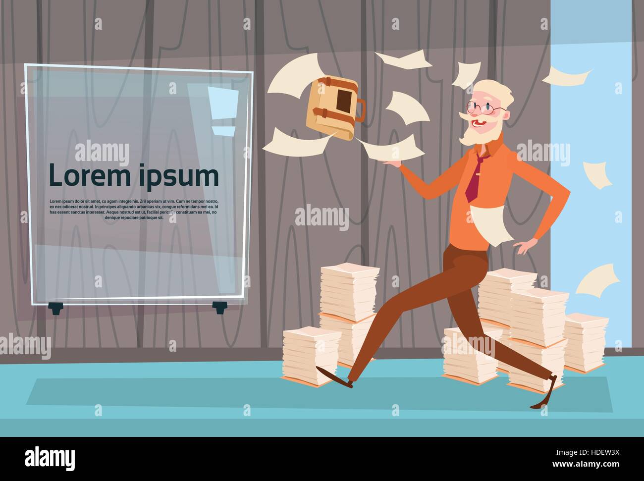 Senior Busy Business Man Run Throwing Paper Documents Paperwork Flat ...