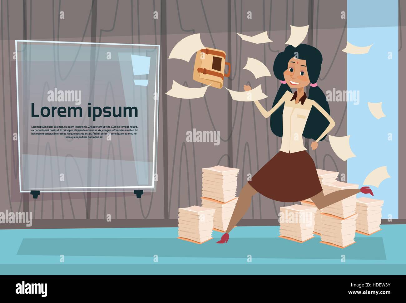 Indian Busy Business Woman Run Throwing Paper Documents Paperwork Flat ...