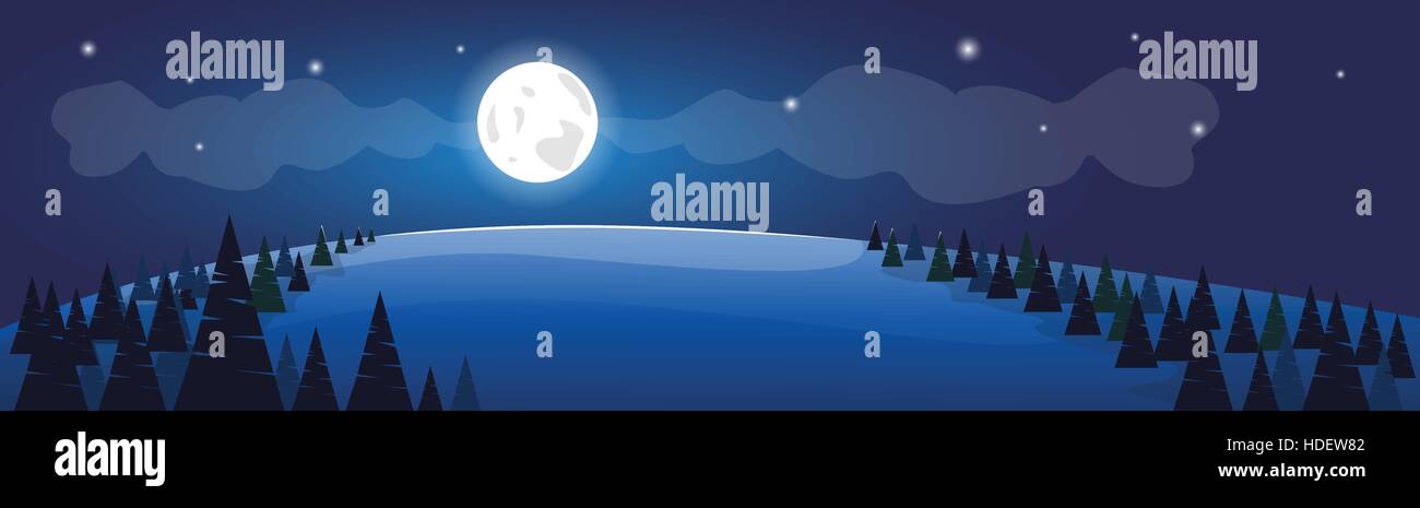 Winter Forest Night Landscape White Snow Banner Flat Vector ...