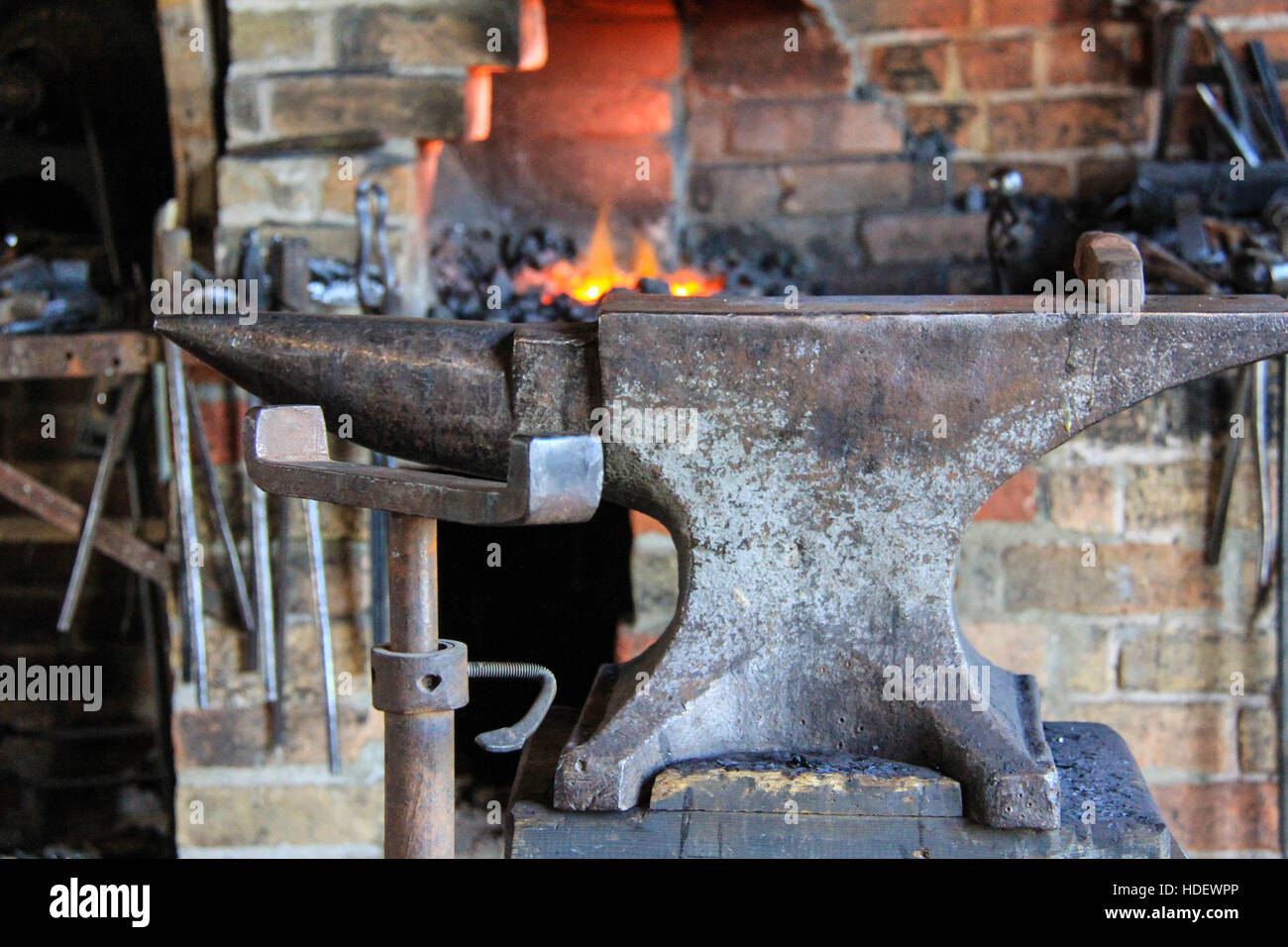Vintage Anvil and other vintage tools in front of the forge fire, Eden ...