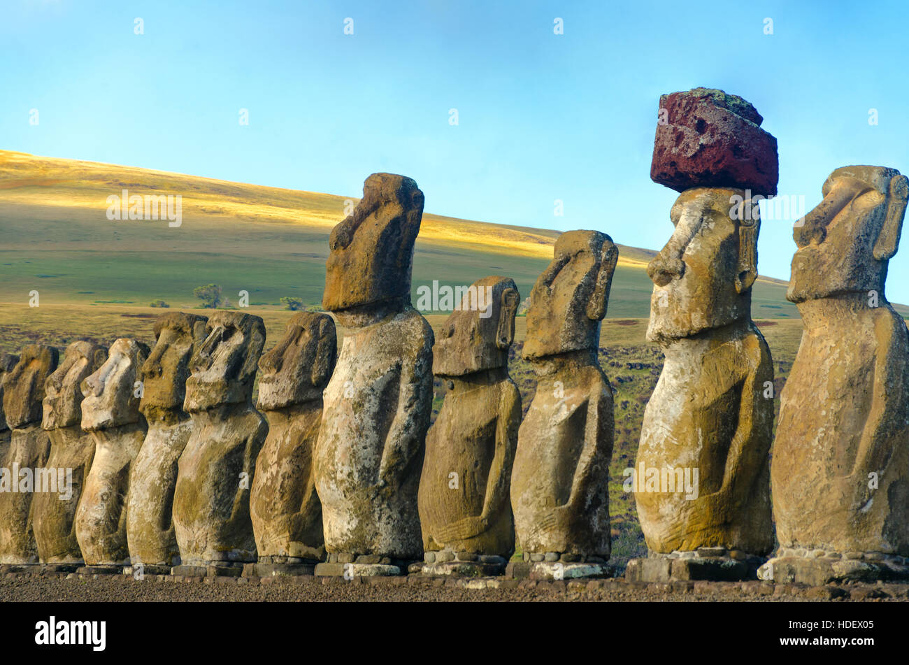 Closeup of a row of Moai at Ahu Tongariki on Easter Island in Chile ...