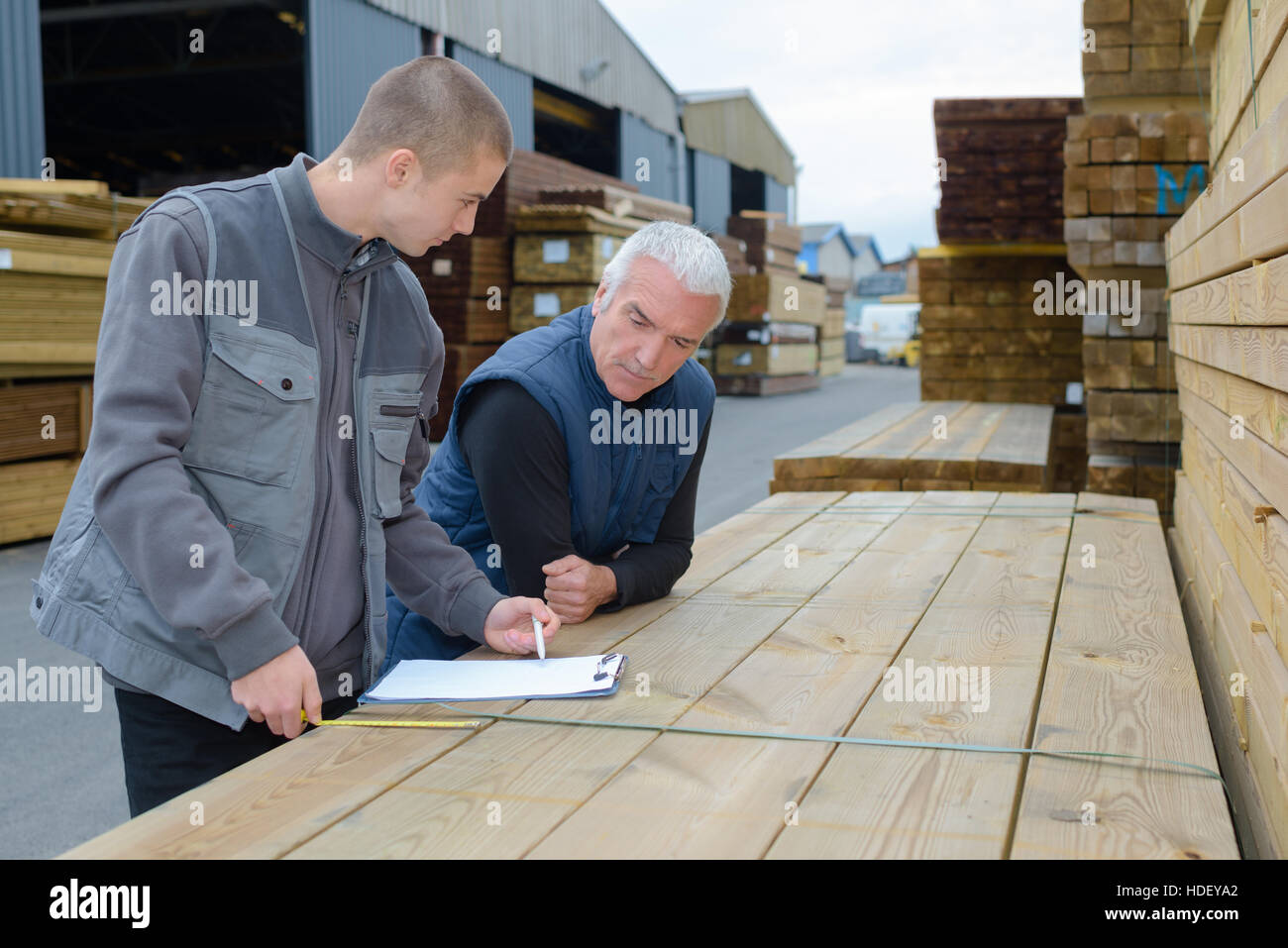 Men leaning on stack of wood studying clipboard Stock Photo - Alamy