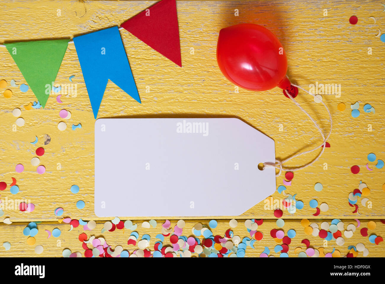 Party Label, Confetti, Balloon, Copy Space Stock Photo - Alamy