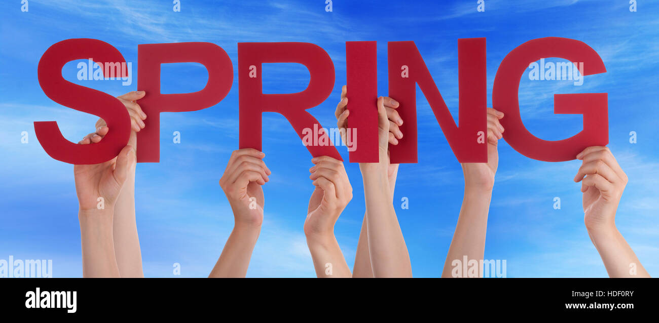 Many People Hands Holding Red Straight Word Spring Blue Sky Stock Photo ...