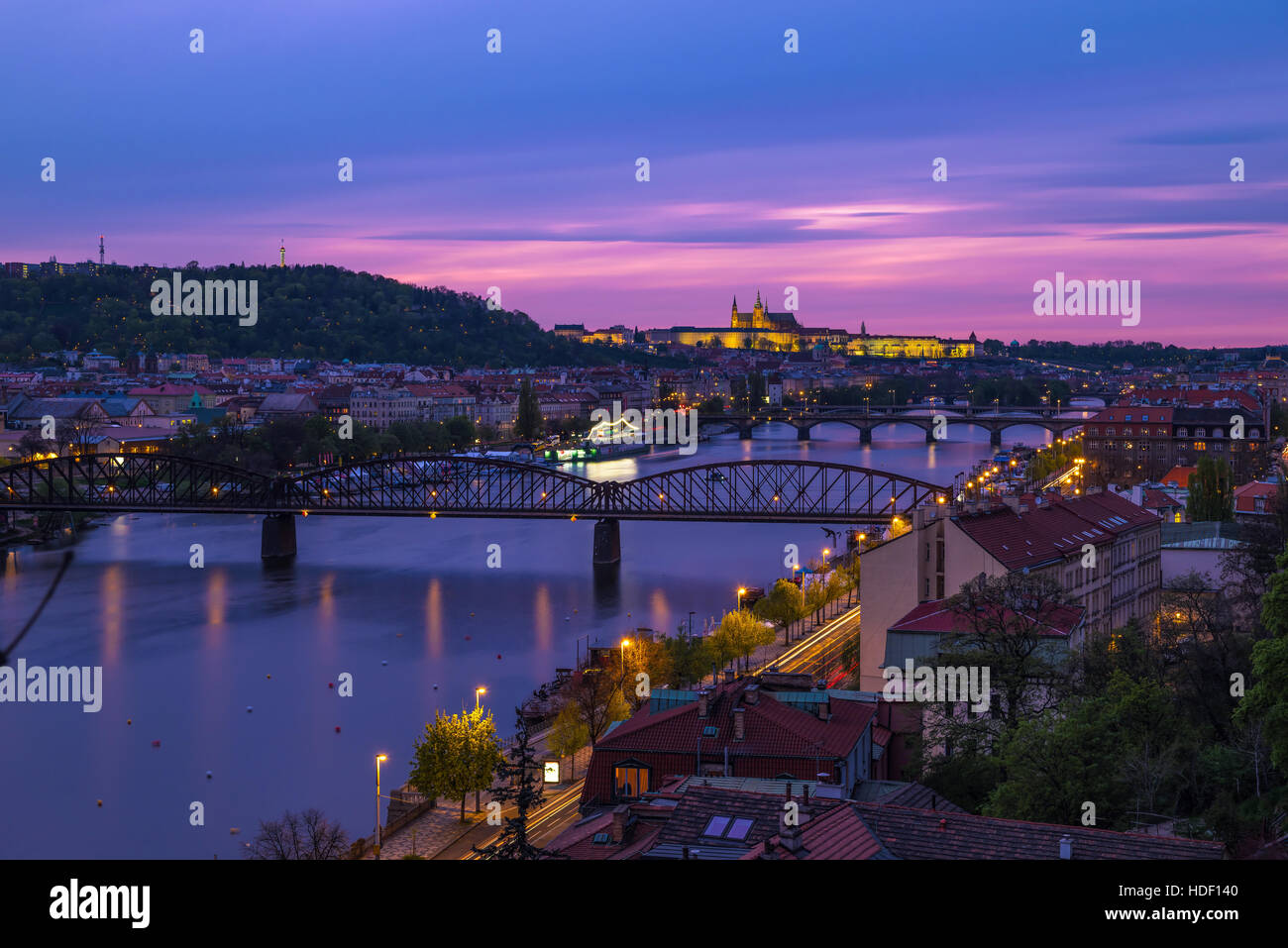 City of Prague, Prague castle, river Vltava, Petrin view, sunset ...