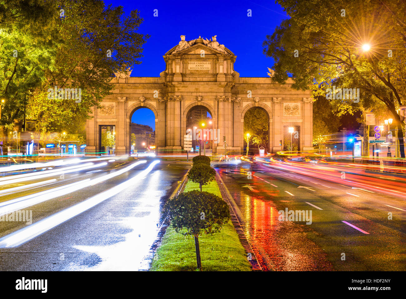 Madrid, Spain cityscape at Puerta de Alcala Gate and Calle de Alcala ...