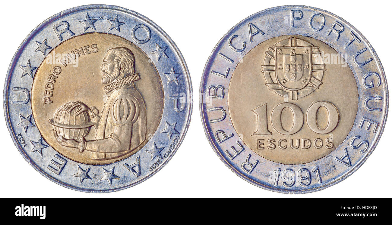 Bi-metallic 100 escudos 1991 coin isolated on white background ...