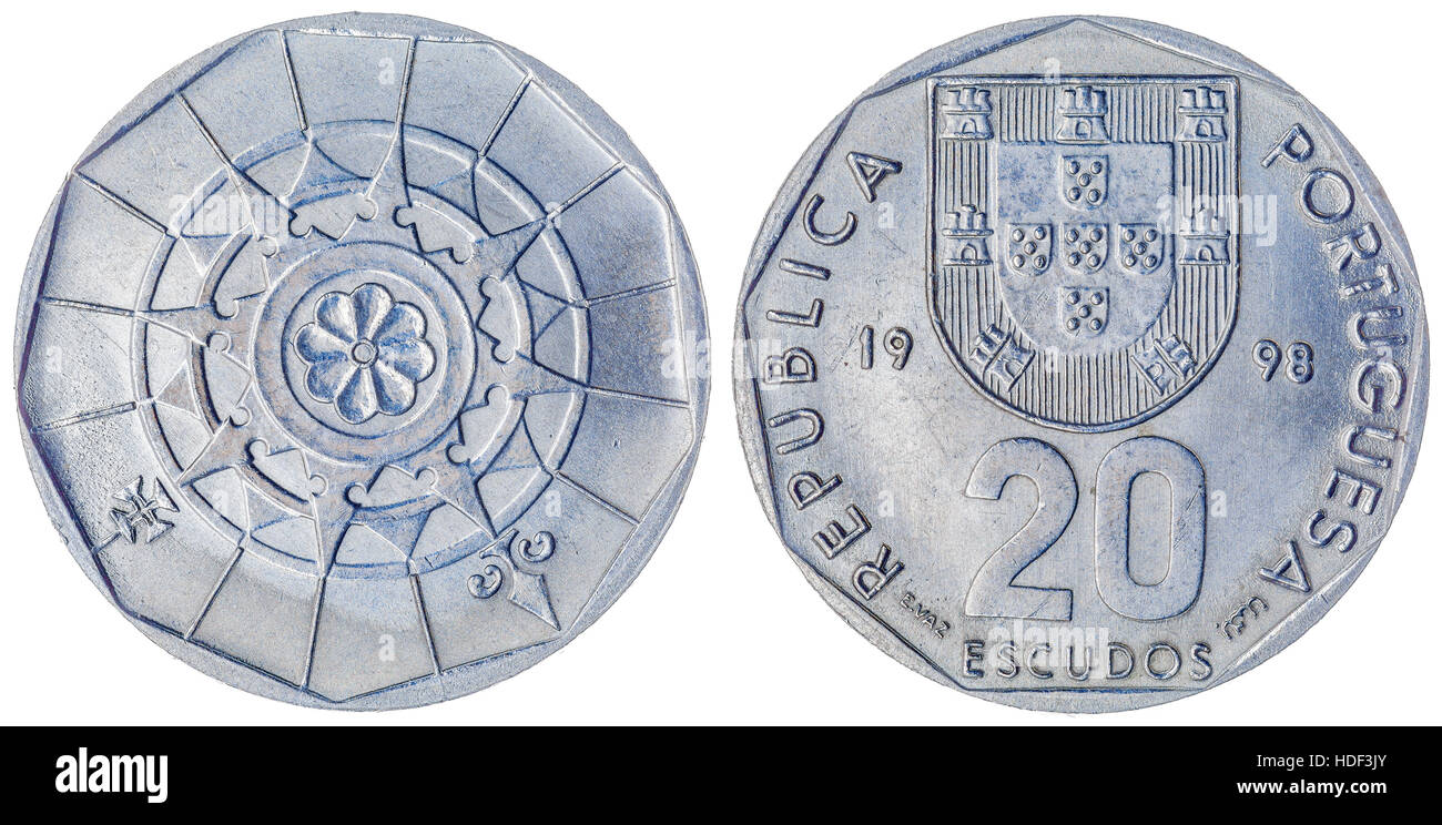Copper-Nickel 20 escudos 1991 coin isolated on white background ...
