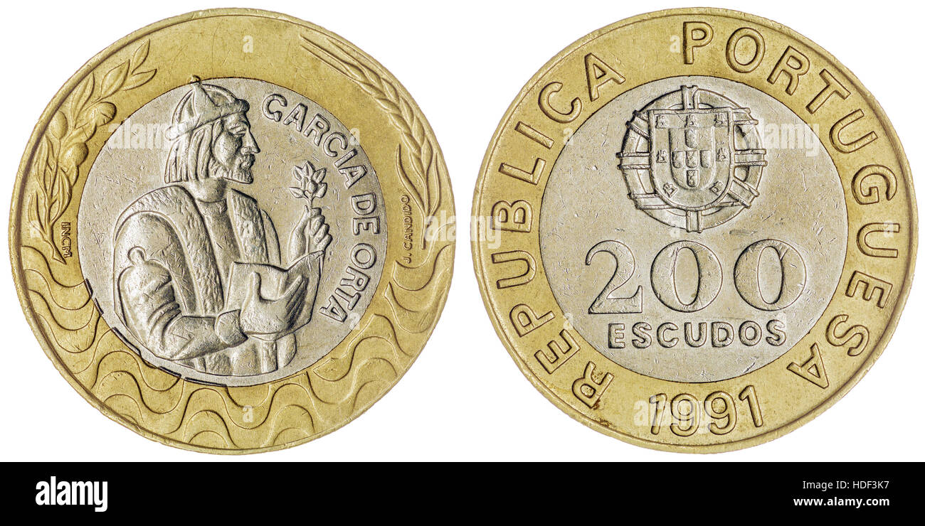 Bi-metallic 200 escudos 1991 coin isolated on white background ...