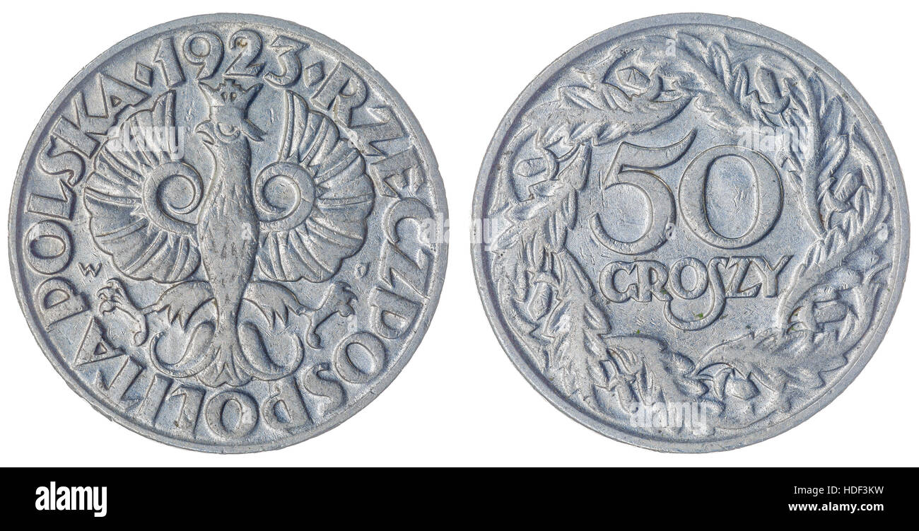 Nickel 50 groszy 1923 coin isolated on white background, Poland Stock ...