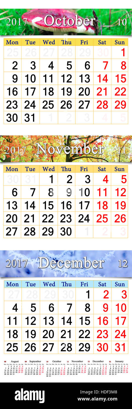 October November and December 2017 with colored pictures of mushrooms ...