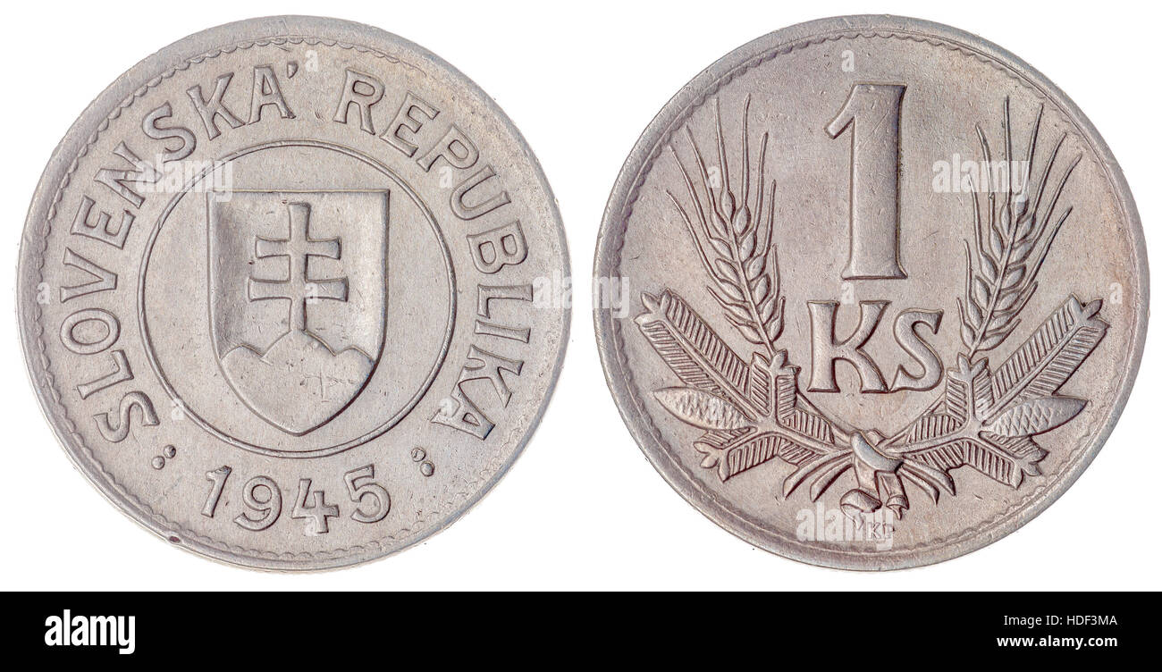 Copper-Nickel 1 koruna 1945 coin isolated on white background, Slovakia ...