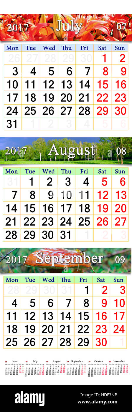 calendar for three months July August and September 2017 with images of ...