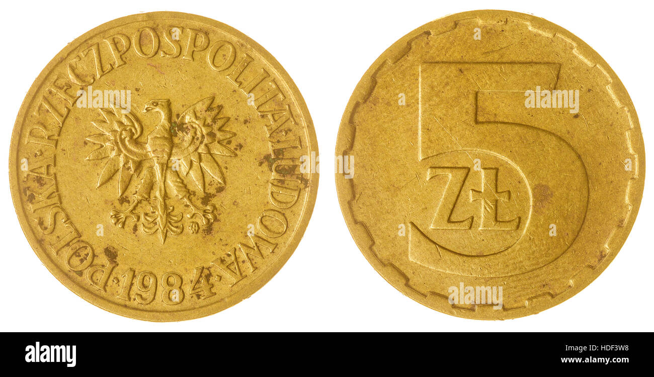 Brass 5 zloty 1984 coin isolated on white background, Poland Stock ...